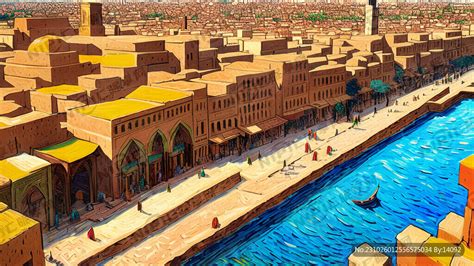 Ai创作图用梵高风格画喀什古城 角度俯瞰图 古城层层叠叠 昵图网
