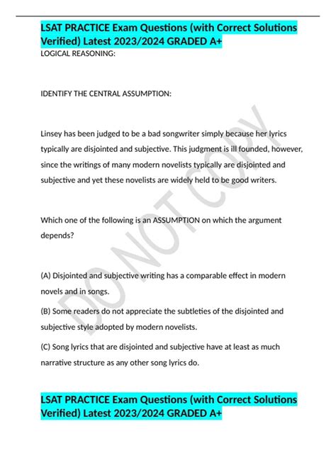 Lsat Practice Exam Questions With Correct Solutions Verified Latest 2023 2024 Graded A Lsat