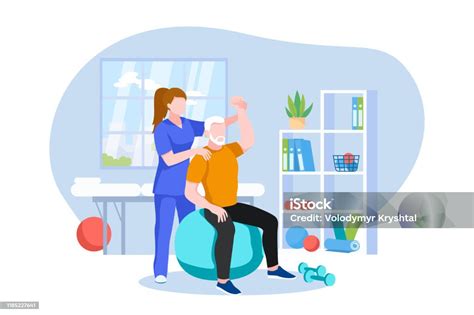 물리 치료사 의사는 노인 환자를 재활합니다 벡터 그림입니다 물리 치료 재활 부상 회복 개념 물리치료에 대한 스톡 벡터 아트 및 기타 이미지 Istock