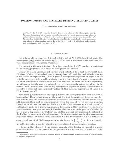 Torsion Points And Matrices Defining Elliptic Curves