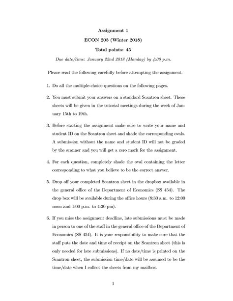 Econ203 Assignment 1 Assignment 1 Econ 203 Winter 2018 Total Points 45 Due Date Time