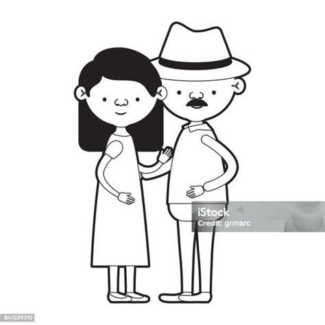 바로 긴 헤어스타일에서 드레스와 모자와 할아버지와 검은 실루엣 섹션에 콧수염 풍자 만화 전신 노인 부부 할머니 2명에 대한 스톡 벡터 아트 및 기타 이미지 Istock