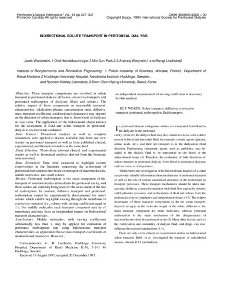 Pdf Bidirectional Solute Transport In Peritoneal Dialysis