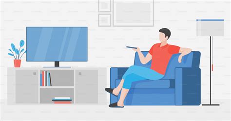 텔레비전 플랫 벡터 일러스트레이션을 보고 있는 남자 외딴 만화 캐릭터를 들고 편안한 소파에 앉아 있는 젊은 남자 실내 휴식