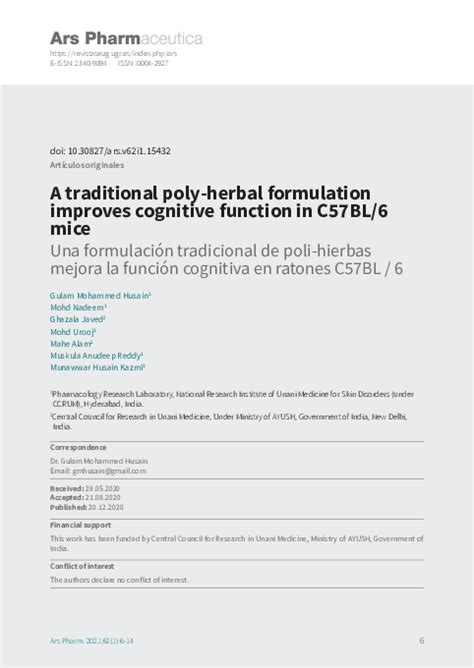Pdf A Traditional Poly Herbal Formulation Improves Cognitive Function In C57bl 6 Mice
