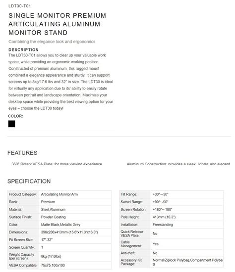 Brateck Single Monitor Premium Aluminium Monitor Stand Matte Black