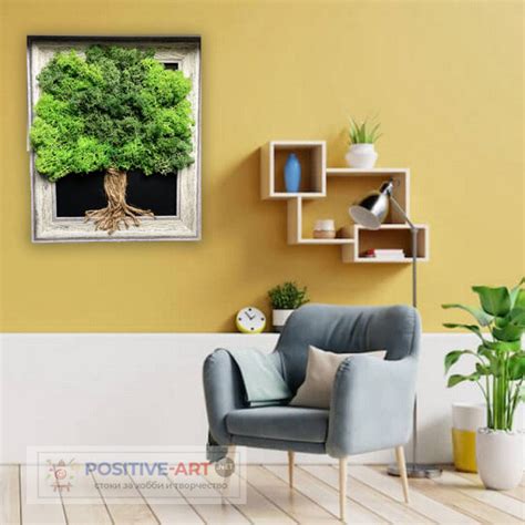 Картина от мъх 25 30 см Дървото на живот с 3 вида зелен мъх