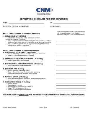Fillable Online Cnm SEPARATION CHECKLIST FOR CNM EMPLOYEES Fax Email Print PdfFiller
