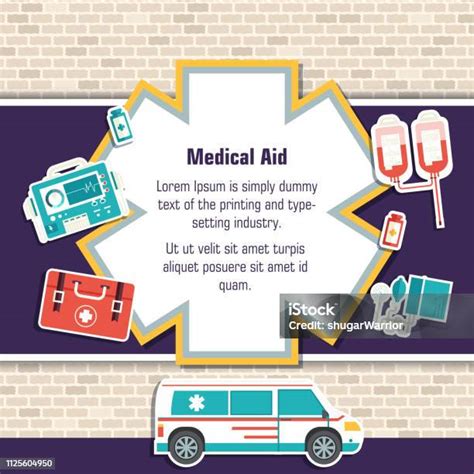 벽돌에 구급차 구조 요소 스티커 스타일 디자인 배경 포스터 벽 벡터 일러스트 레이 션 템플릿 카드 개념 간호사에 대한 스톡 벡터