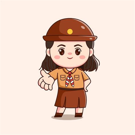 인도네시아 스카우트 소녀 귀여운 카와이 치비 캐릭터 일러스트레이션 프리미엄 벡터