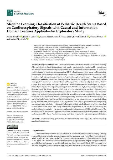Pdf Machine Learning Classification Of Pediatric Health Status Based On Cardiorespiratory