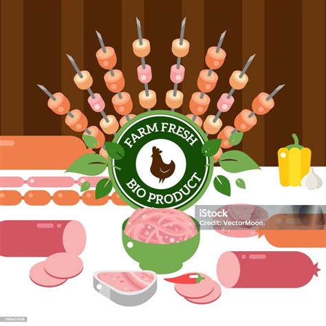 정육점 벡터 그림입니다 소시지와 신선한 고기 요리의 다른 종류 지역 농장에서 바이오 제품 식품 점 구색 소책자 커버 케밥 꼬치