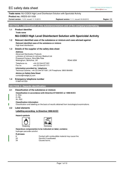 Nu Cidex High Level Disinfectant Solution With Sporicidal Activity Msds Download