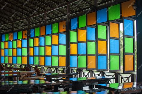 Premium Photo Colorful Window In The Class Room With Many Table And Chair