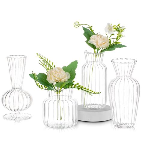 Set Of 4 Small Vase Different Geometric Stripe Shape Glass Bud Vases In Bulk Simplicity Clear