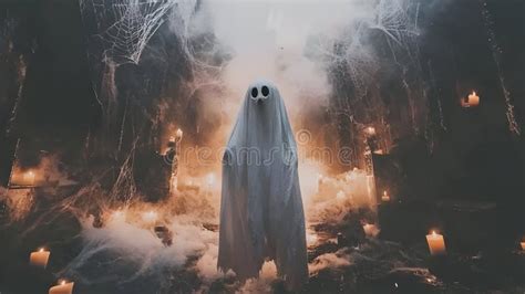 A Ghost Figure Shrouded In White Stands Amidst Candles And Cobwebs In A