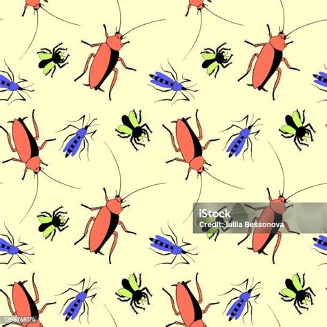 곤충 해충의 벡터 원활한 패턴 동양 바퀴벌레 파리 모기 밝은 배경과 해충 방제 질감 곤충에 대한 스톡 벡터 아트 및 기타 이미지 Istock