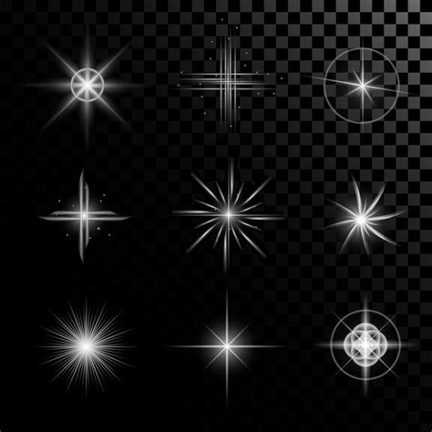 مجموعه وکتور مفهومی خلاقانه از ستارگان افکت نور درخشش با جرقه های جدا شده در پس زمینه مشکی طراحی