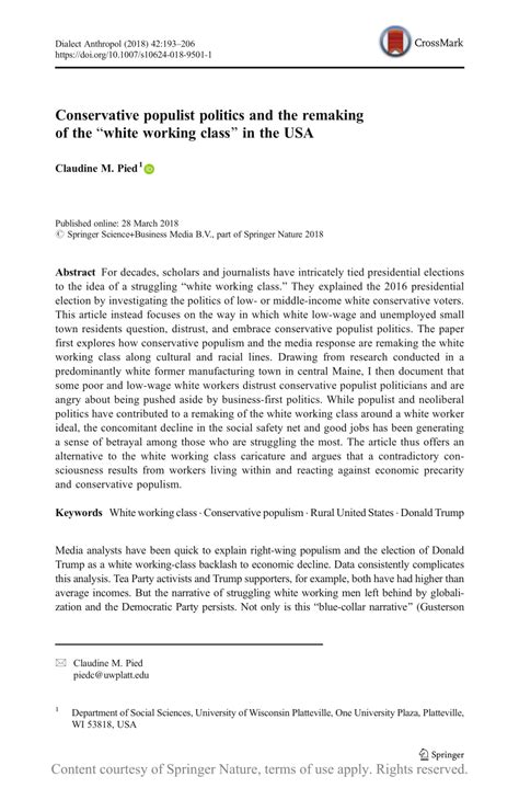 Conservative Populist Politics And The Remaking Of The “white Working