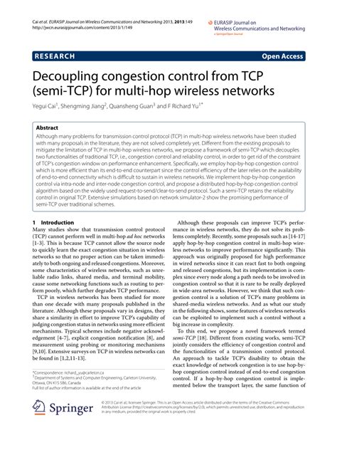 Pdf Decoupling Congestion Control From Tcp For Multi Hop Wireless Networks Semi Tcp An