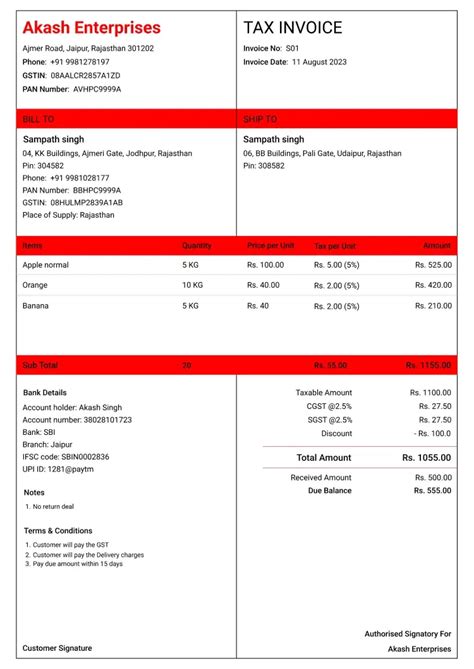 Restaurant Shop Bill Format Download Free Invoice Template For