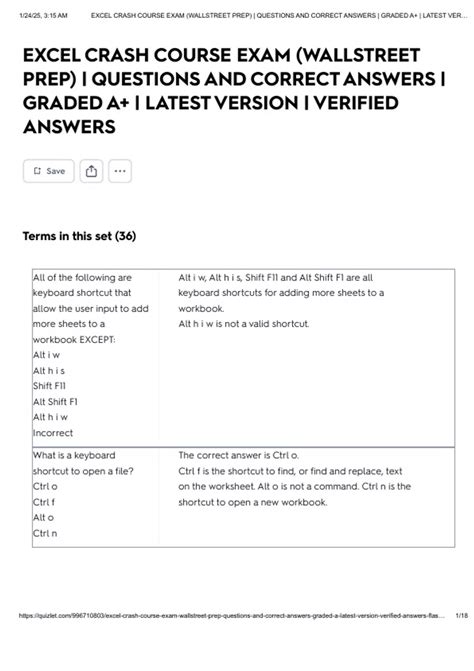 Excel Crash Course Exam Wallstreet Prep Questions And Correct Answers Graded A Latest