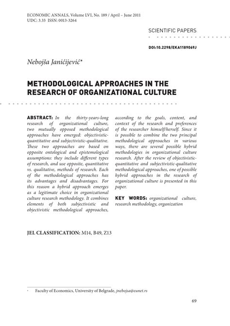 Pdf Methodological Approaches In The Research Of Organizational Culture