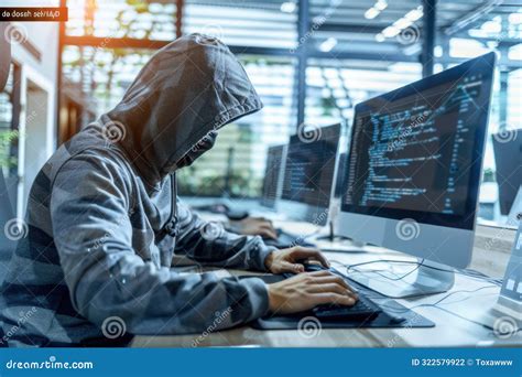 Hacker Wearing Hood Working On Computer In Office Environment Stock