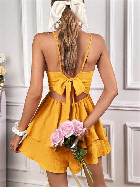 Shein Wywh Tie Backless Two Layer Hem Cami Romper Shein Usa