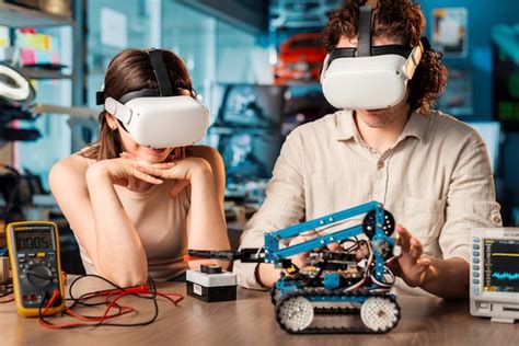 Premium Photo Young Man And Woman In Vr Glasses Doing Experiments In Robotics In A Laboratory