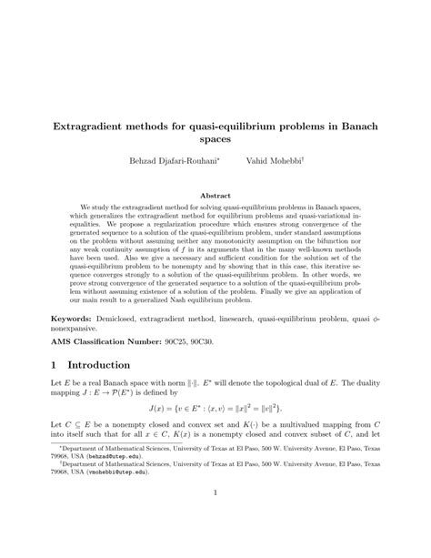 Pdf Extragradient Methods For Quasi Equilibrium Problems In Banach Spaces