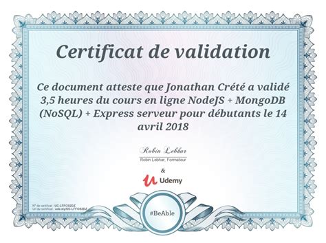 Jonathan CrÉtÉ On Linkedin Completion Certificate For Nodejs Mongodb Nosql Express