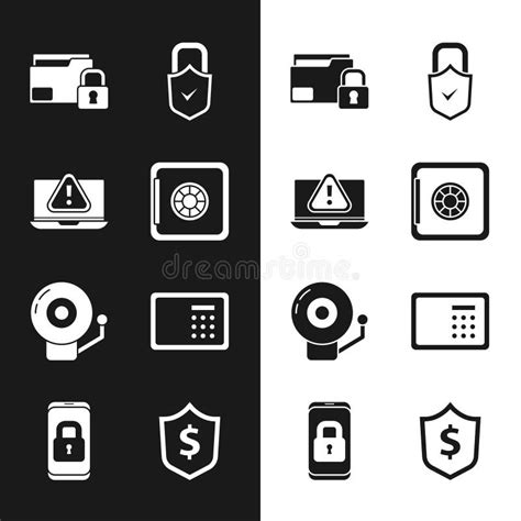 Set Safe Laptop With Exclamation Mark Folder And Lock Lock Check Ringing Alarm Bell Shield