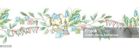 이음새가 없는 테두리 테두리 프레임 손으로 그린 레터링 큐브 아기 나무 이빨 에코 액세서리 딸랑이 거품 및 풍선 별과 하트 신생아에 게 그리기 생일 엽서 포장 선물 수채화