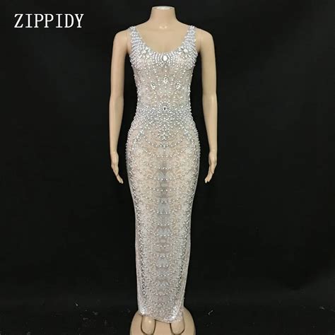 Sparkly Pearls Crystals Mesh Long Dress Womens Birthday Celebrate See