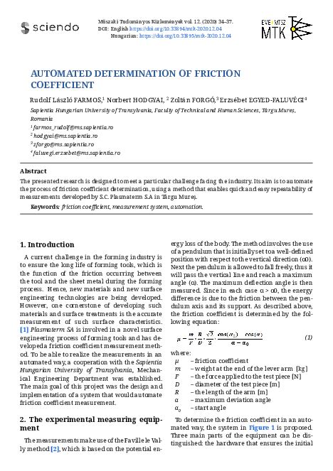 Pdf Automated Determination Of Friction Coefficient