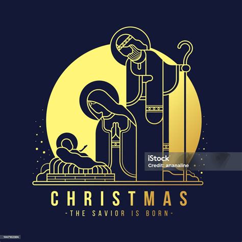 메리 크리스마스 구세주 탄생 현대 골드 라인 구유에 있는 마리아와 요셉의 탄생 진한 파란색 배경에 원을 그리며 아기 예수 벡터 일러스트레이션 디자인 성탄화에 대한 스톡 벡터