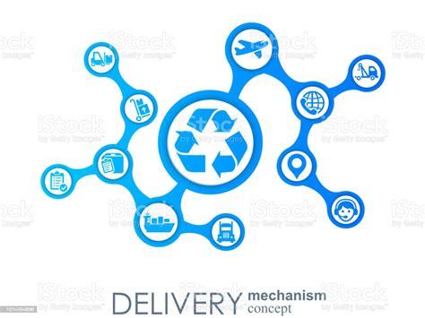 배달 메커니즘 개념입니다 연결 된 기어와 물류 서비스 전략 운송 유통 교통 시장 아이콘 추상 배경 개념 통신 합니다 인터랙티브 벡터입니다 기계류에 대한 스톡 벡터 아트 및