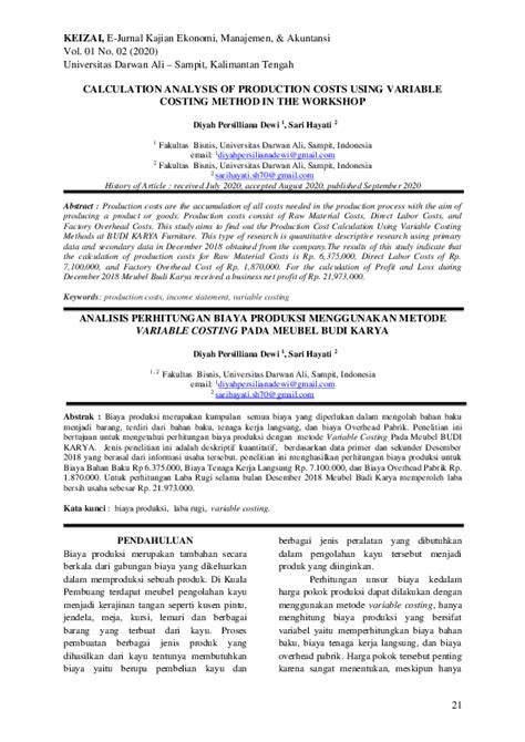 Pdf Analisis Perhitungan Biaya Produksi Menggunakan Metode Variable