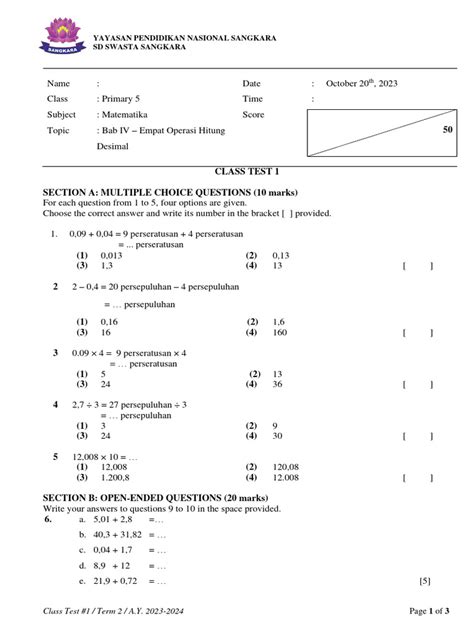 Class Test 1 Term 2 Primary 5 Mtk Pdf