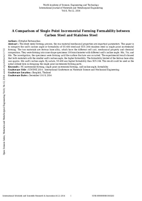 Pdf A Comparison Of Single Point Incremental Forming Formability Between Carbon Steel And