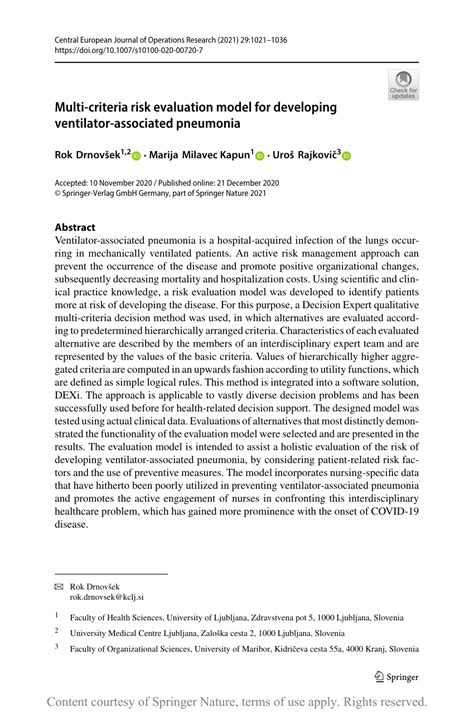 Multi Criteria Risk Evaluation Model For Developing Ventilator Associated Pneumonia Request Pdf