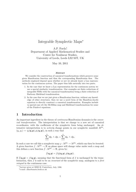 Pdf Integrable Symplectic Maps