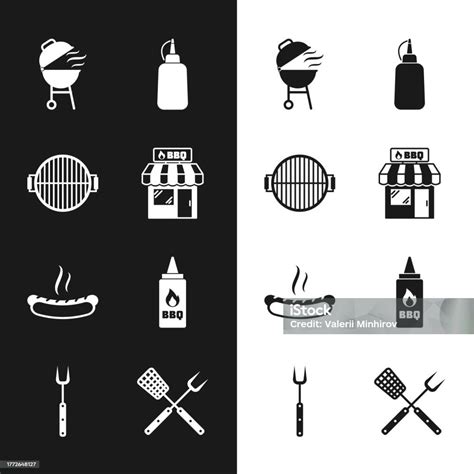 바베큐 쇼핑 건물 그릴 겨자 병 핫도그 샌드위치 케첩 교차 포크 주걱 및 아이콘을 설정합니다 벡터 검은색에 대한 스톡 벡터 아트 및 기타 이미지 Istock