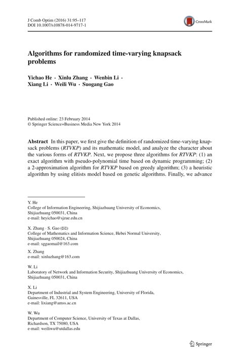 pdf algorithms for randomized time varying knapsack problems