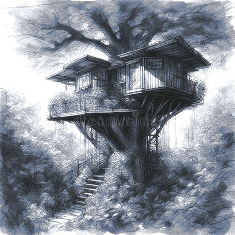 Sketch Of Secluded Treehouse Getaway Stock Illustration Illustration Of Idyllic Comfortable