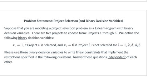 Solved Problem Statement Project Selection And Binary