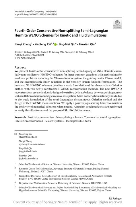 Pdf Fourth Order Conservative Non Splitting Semi Lagrangian Hermite Weno Schemes For Kinetic