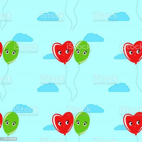 구름과 파란색 배경에 귀여운 미소 풍선의 다채로운 원활한 패턴 간단한 플랫 벡터 그림입니다 종이 배경 화면 직물 포장지 표지 웹 사이트의 디자인 가리기에 대한 스톡 벡터