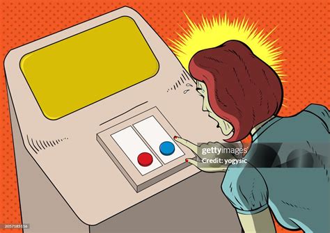 Vector Pop Art Sweating Woman Choosing Button Meme Stock Illustration
